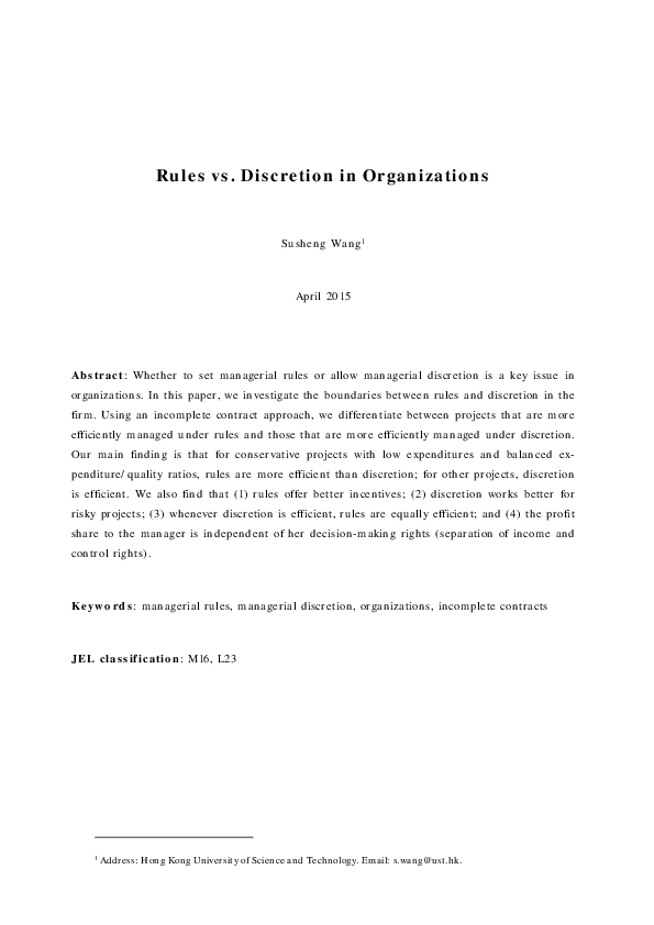 (PDF) Rules vs. Discretion in Organizations