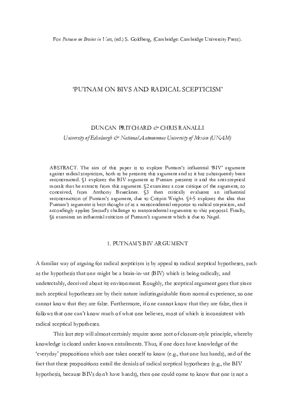 (PDF) Putnam on BIVs and Radical Skepticism