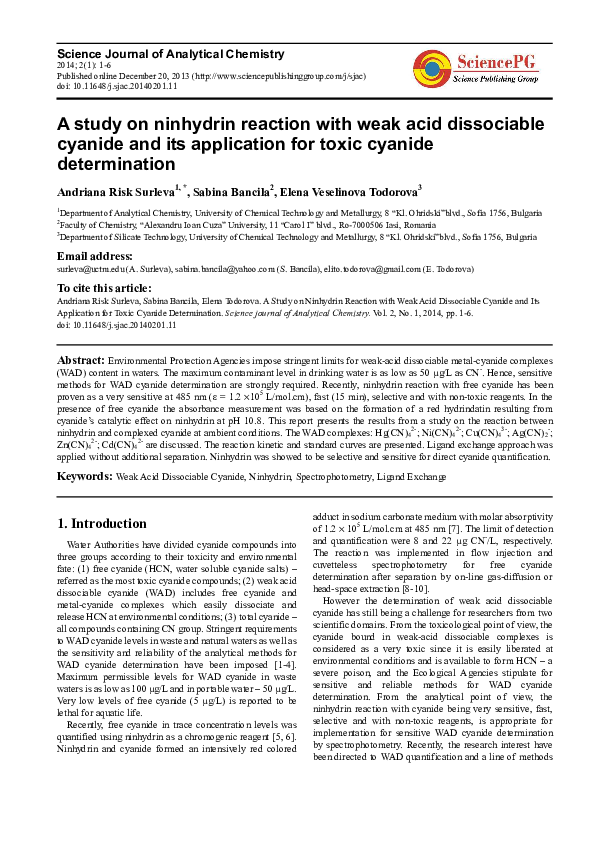 (PDF) A study on ninhydrin reaction with weak acid dissociable cyanide and its application for ...