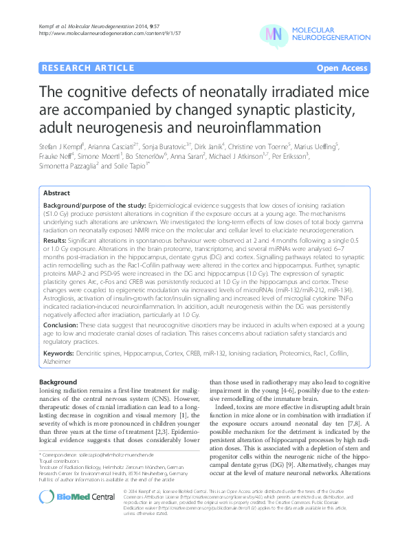 (PDF) The cognitive defects of neonatally irradiated mice are ...