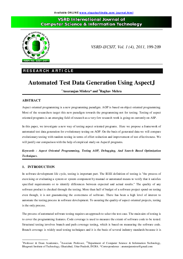 Pdf Automated Test Data Generation Using Aspect J