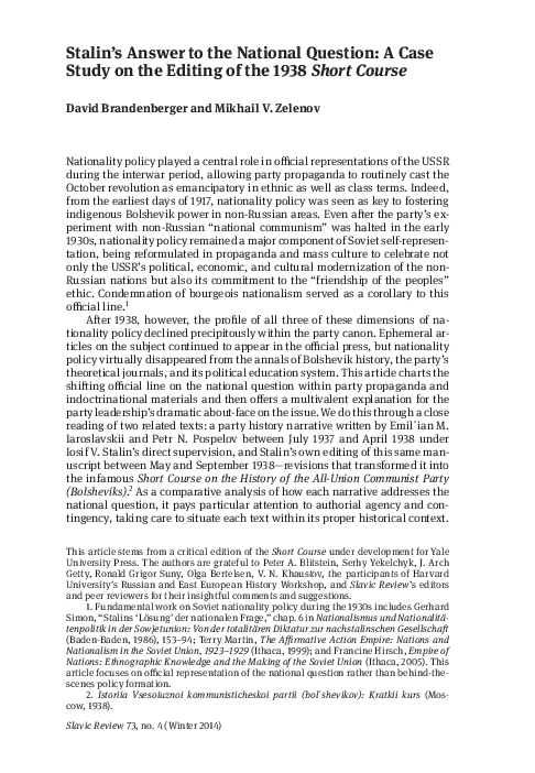 (PDF) [2014] Stalin’s Answer to the Nationality Question: A Case Study ...