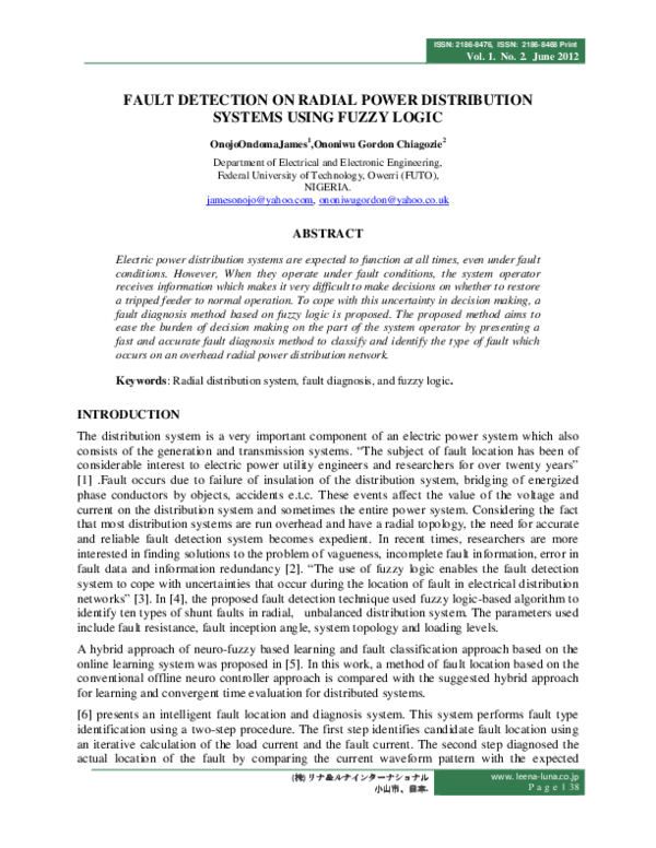 Pdf Fault Detection On Radial Power Distribution Systems Using Fuzzy