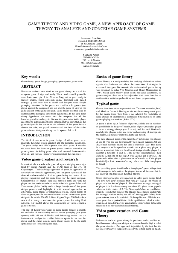 (PDF) Game Theory and video game, a new approach of game theory to ...