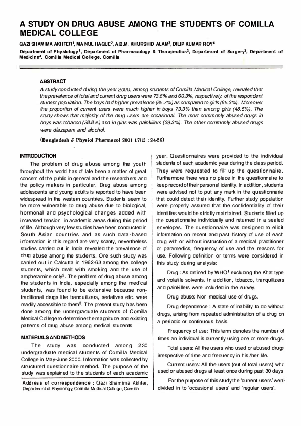(PDF) A STUDY ON DRUG ABUSE AMONG THE STUDENTS OF COMILLA MEDICAL COLLEGE
