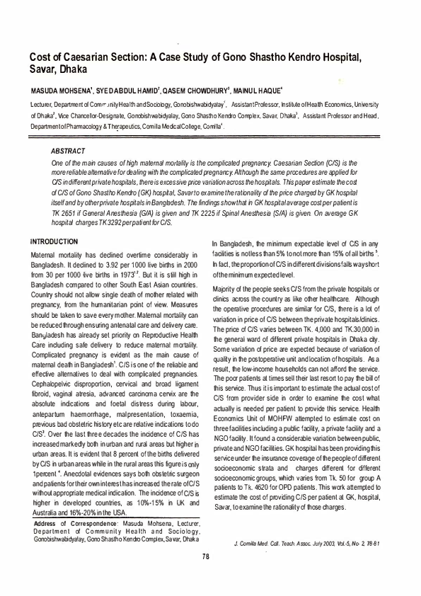 (PDF) Cost of Caesarian Section: A Case Study of Gono Shastho Kendro ...