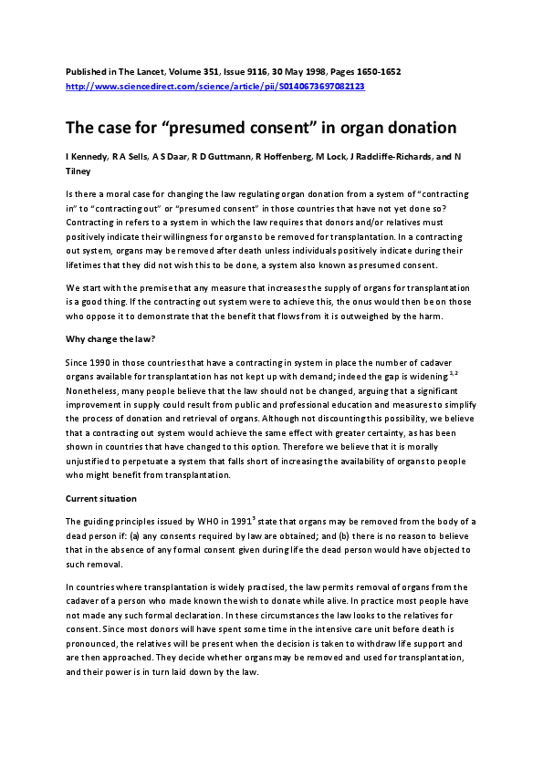 (PDF) The case for "presumed consent" in organ donation