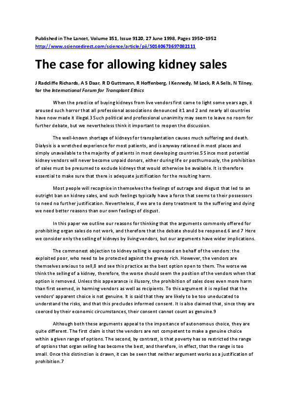 (PDF) The case for allowing kidney sales