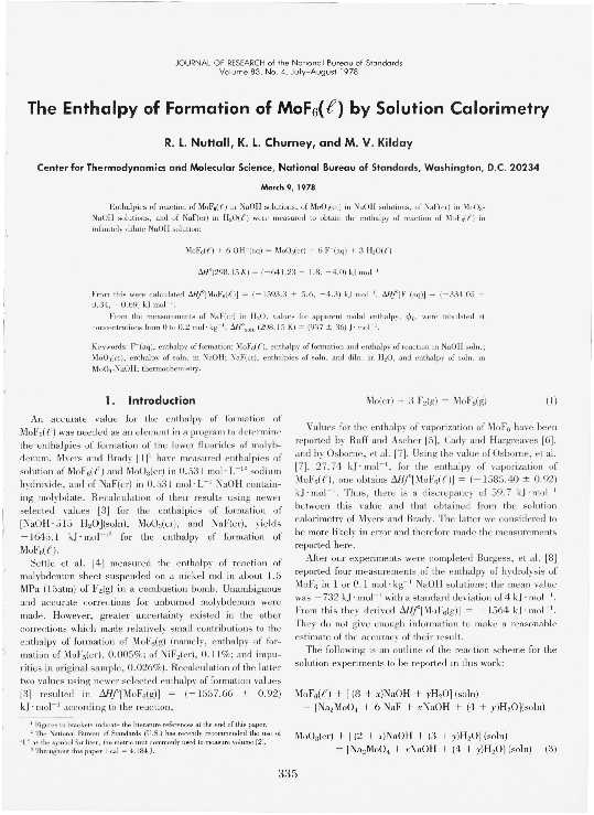 (PDF) The Enthalpy of Formation of MoF6{ t} by Solution Calorimetry
