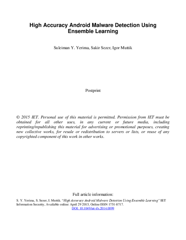 Pdf High Accuracy Android Malware Detection Using Ensemble Learning