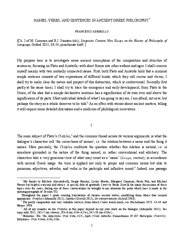 (PDF) Names, Verbs, and Sentences in Ancient Greek Philosophy