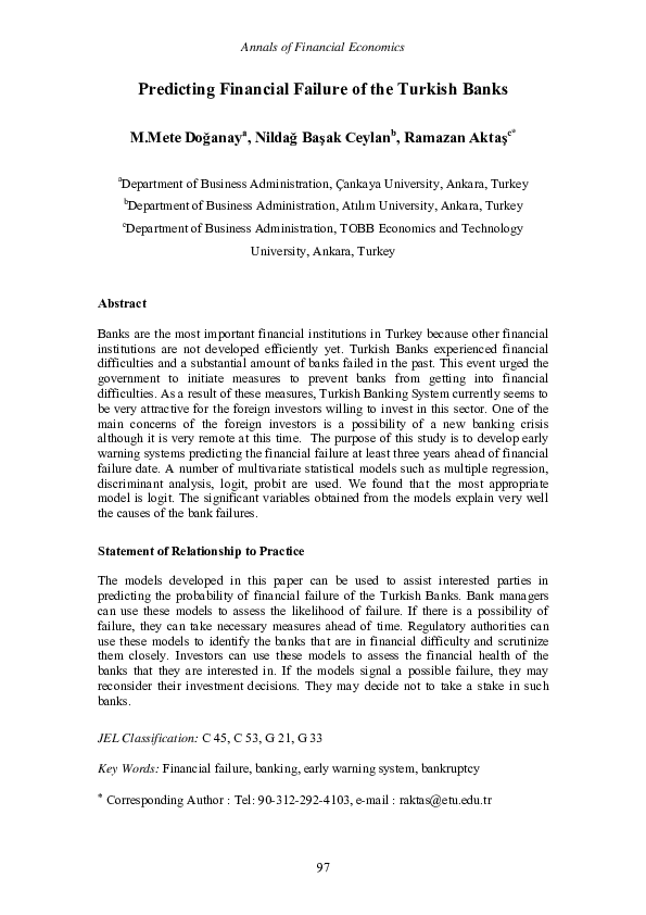 (PDF) PREDICTING FINANCIAL FAILURE OF THE TURKISH BANKS