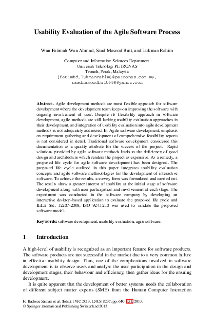 Pdf Usability Evaluation Of The Agile Software Process