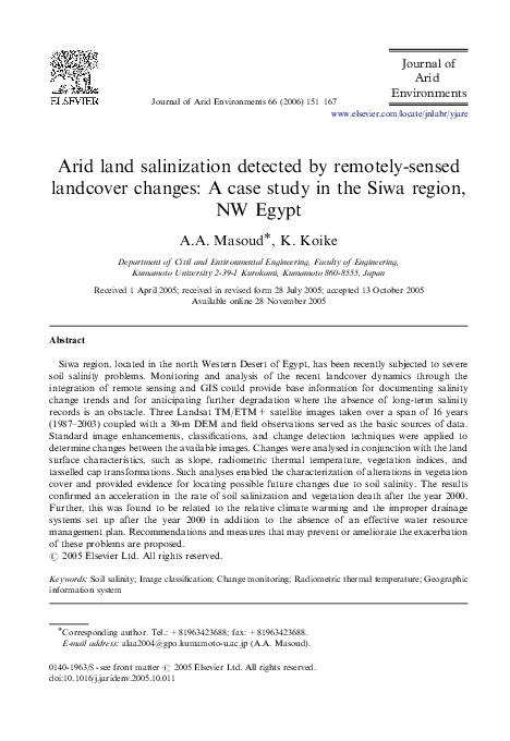(PDF) Arid land salinization detected by remotely-sensed landcover ...