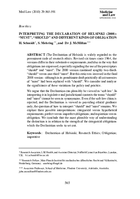 (PDF) Interpreting the declaration of Helsinki (2008): "must", "should ...