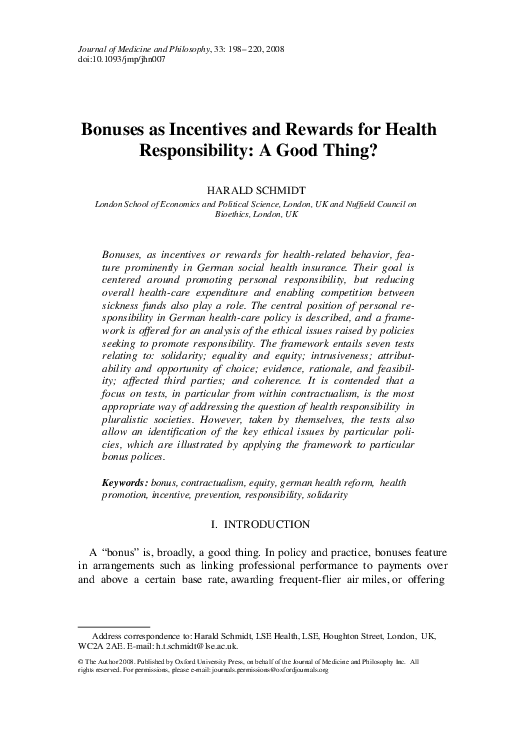 (PDF) Bonuses as incentives and rewards for health responsibility: a ...