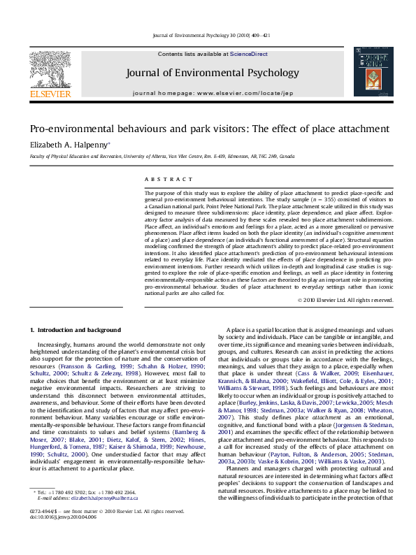 (PDF) Environmental behaviour, place attachment and park visitation: a ...
