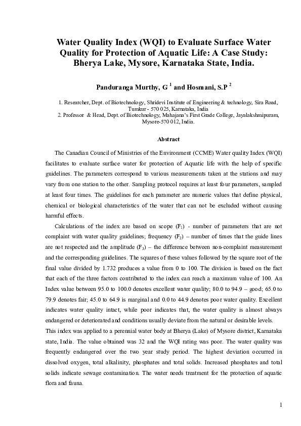 Pdf Water Quality Index Wqi To Evaluate Surface Water Quality For