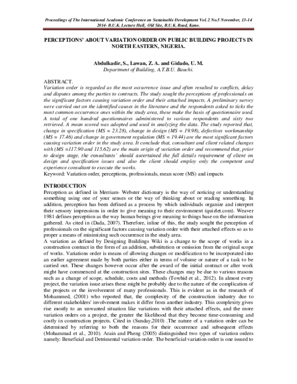(PDF) PERCEPTIONS’ ABOUT VARIATION ORDER ON PUBLIC BUILDING PROJECTS IN NORTH EASTERN, NIGERIA.