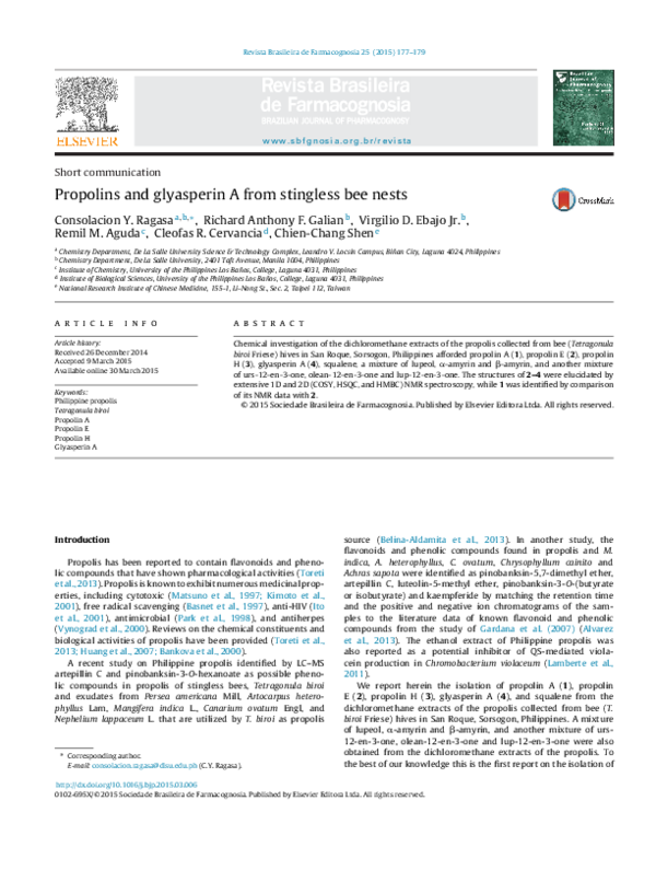 (PDF) Propolins and Glyasperin A from Stingless Bee Nests | Consolacion ...