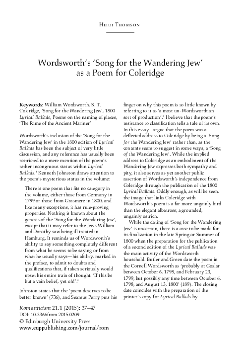 (PDF) Wordsworth's 'Song for the Wandering Jew' as a Poem for Coleridge