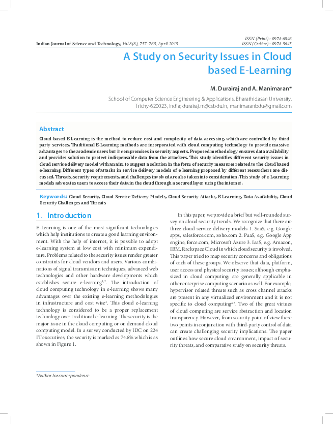 (PDF) A Study on Security Issues in Cloud based E-Learning