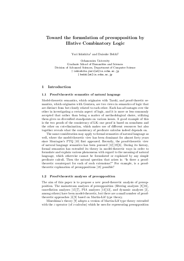 (PDF) Toward the Formulation of Presupposition by Illative Combinatory Logic