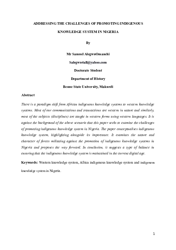 (DOC) ADDRESSING THE CHALLENGES OF PROMOTING INDIGENOUS KNOWLEDGE ...