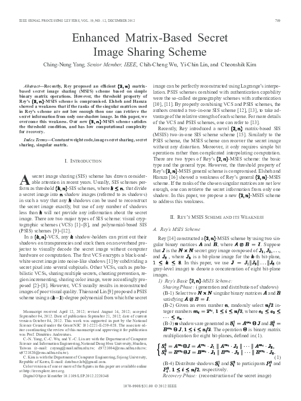 (PDF) Enhanced Matrix-Based Secret Image Sharing Scheme