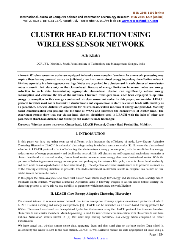 Pdf Cluster Head Election Using Wireless Sensor Network
