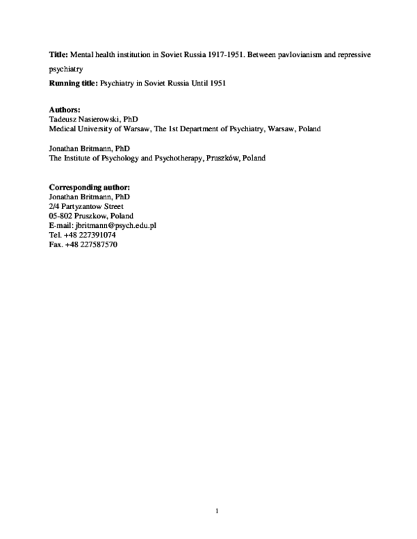 (PDF) : Mental health institution in Soviet Russia 1917-1951. Between ...