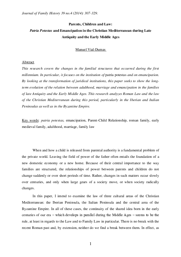 (PDF) Parents, Children, and Law: Patria Potestas and Emancipation in ...