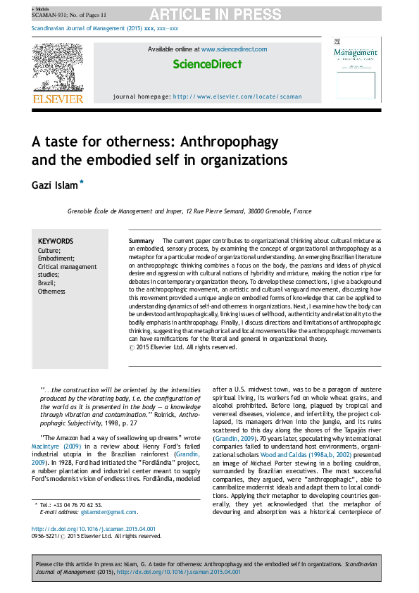 A taste for otherness: Anthropophagy and the embodied self in organizations