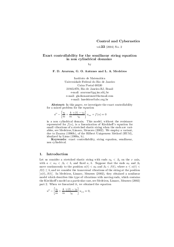 (PDF) Exact controllability for the semilinear string equation in non cylindrical domains