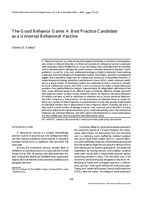 (PDF) The Good Behavior Game: A Best Practice Candidate as a Universal ...