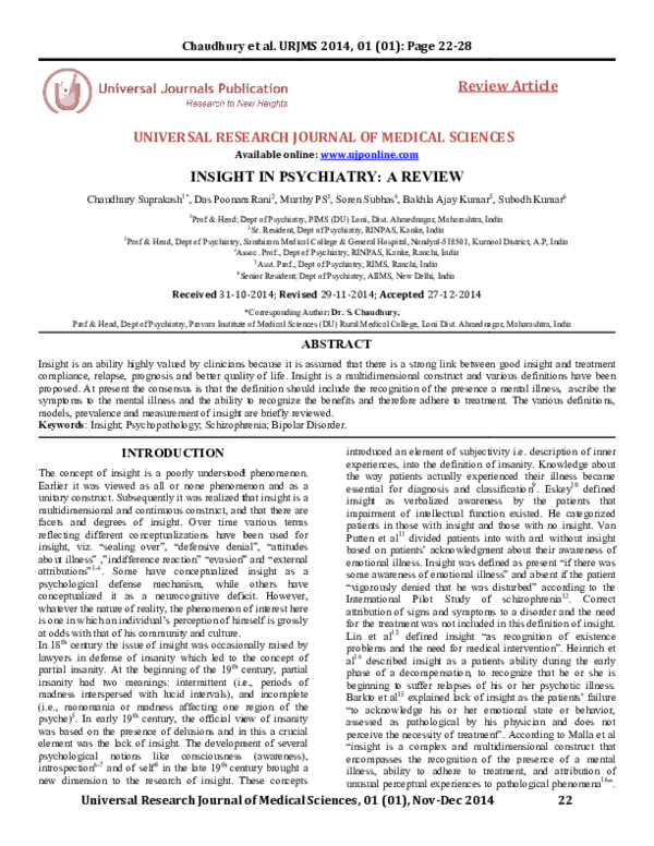 (PDF) Insight in Psychiatry: A review