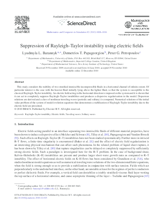 (PDF) Suppression of Rayleigh–Taylor instability using electric fields