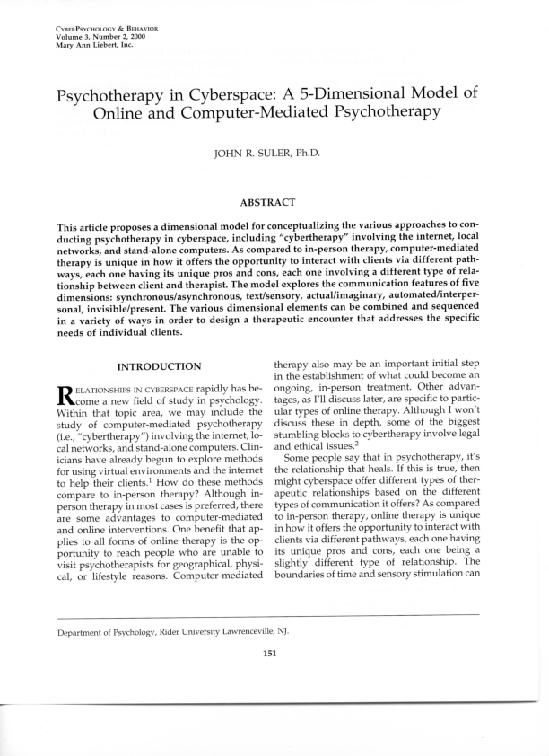 (PDF) Psychotherapy in Cyberspace: A 5Dimensional Model of Online and ...