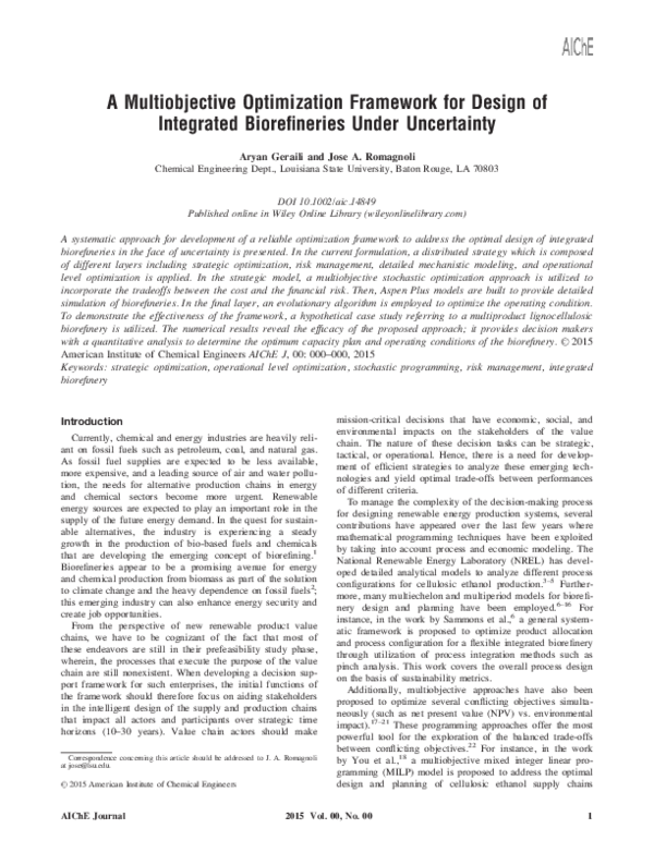 (PDF) A Multiobjective Optimization Framework for Design of Integrated Biorefineries Under ...