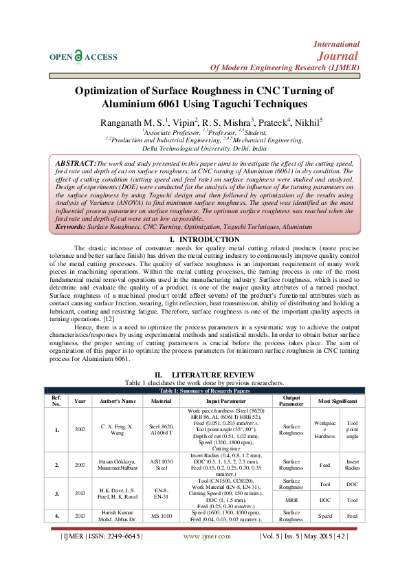 Pdf Optimization Of Surface Roughness In Cnc Turning Of Aluminium 6061 Using Taguchi Techniques