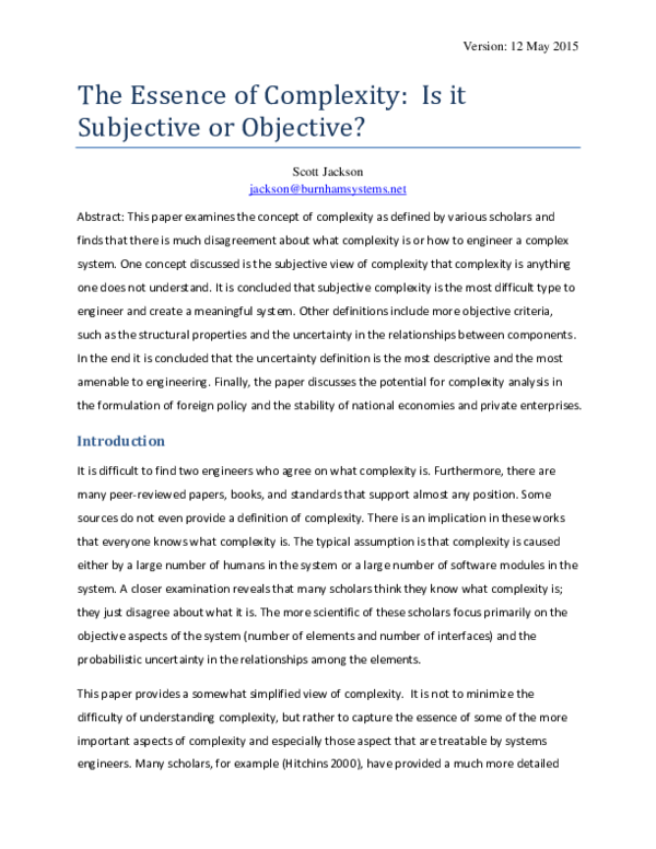 (PDF) The Essence of Complexity: Is it Subjective or Objective?
