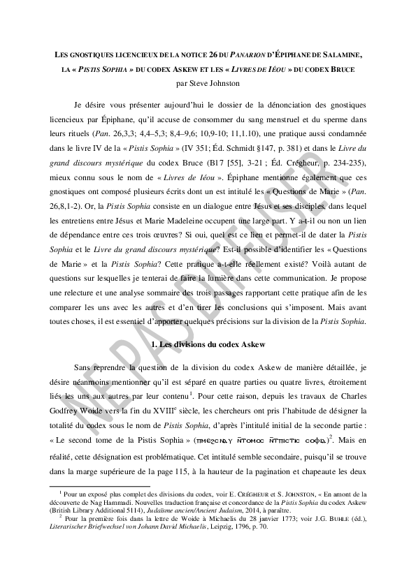 (PDF) Les gnostiques licencieux de la notice 26 du Panarion d’Épiphane ...