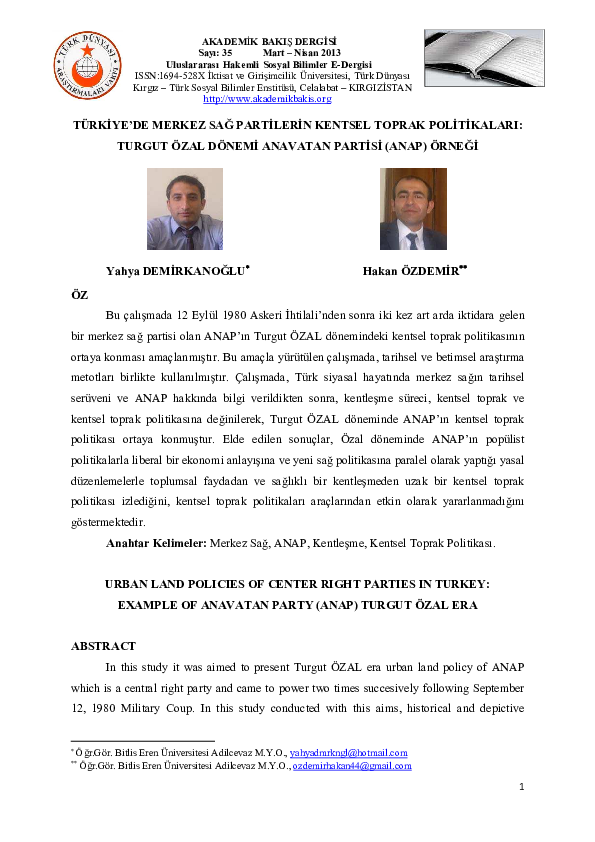 (PDF) Türkiye’de Merkez Sağ Partilerin Kentsel Toprak Politikaları: Turgut Özal Dönemi Anavatan ...