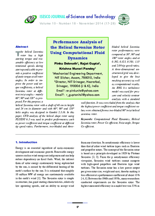 Performance Analysis of the Helical Savonius Rotor Using Computational Fluid Dynamics