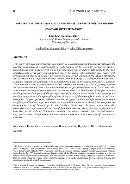 (PDF) Parasynthesis in Degema : Simultaneous Affixation or Suffixation ...