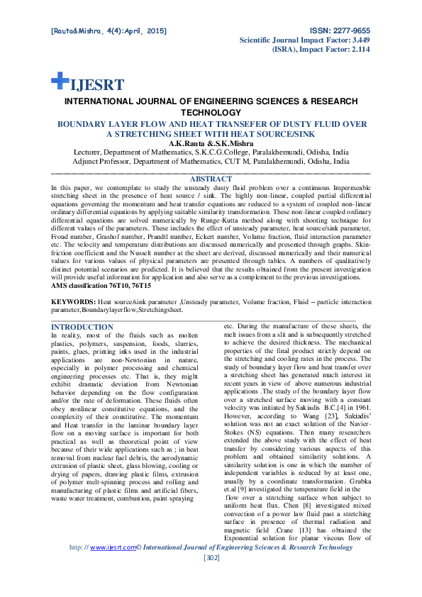 Pdf Boundary Layer Flow And Heat Transefer Of Dusty Fluid Over A