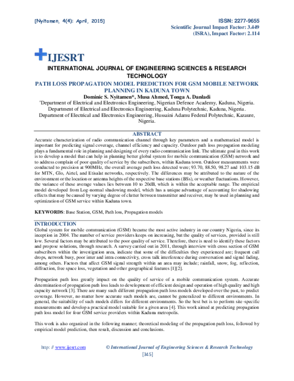 Pdf Path Loss Propagation Model Prediction For Gsm Mobile Network Planning In Kaduna Town