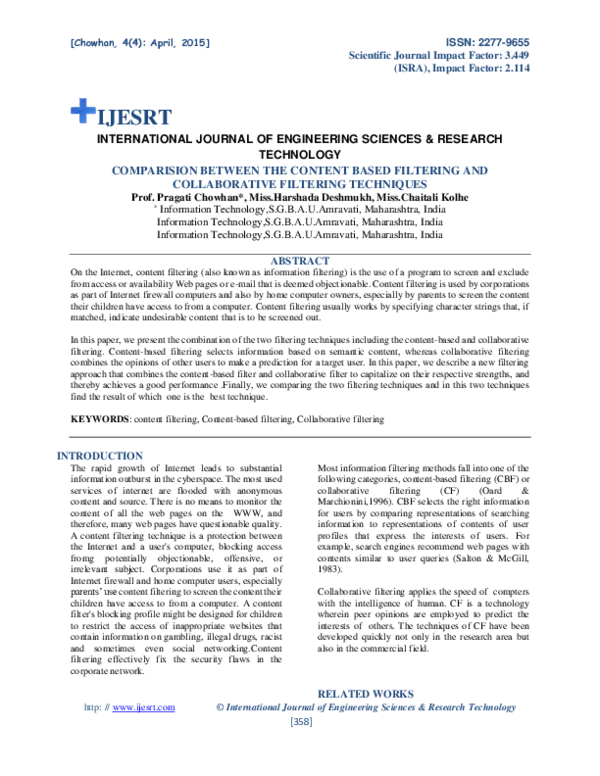 Pdf Comparision Between The Content Based Filtering And Collaborative 3175
