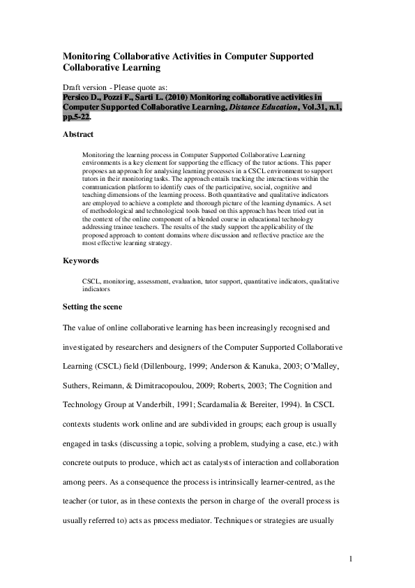 (PDF) Monitoring Collaborative Activities in Computer Supported Collaborative Learning