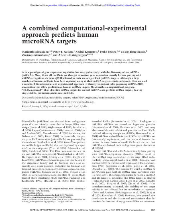 (PDF) A Combined Computational-Experimental Approach Predicts Human MicroRNA Targets